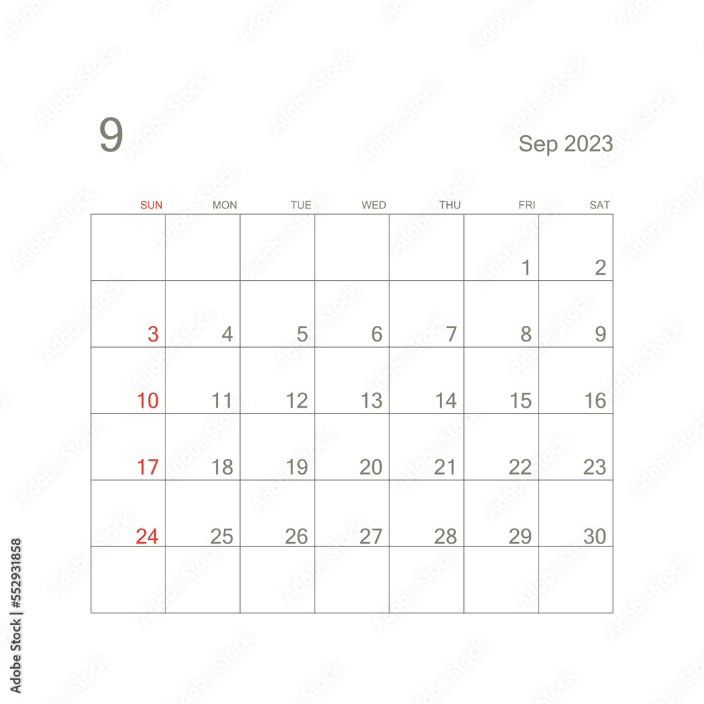 September 2023 calendar page on white background. Calendar background ...