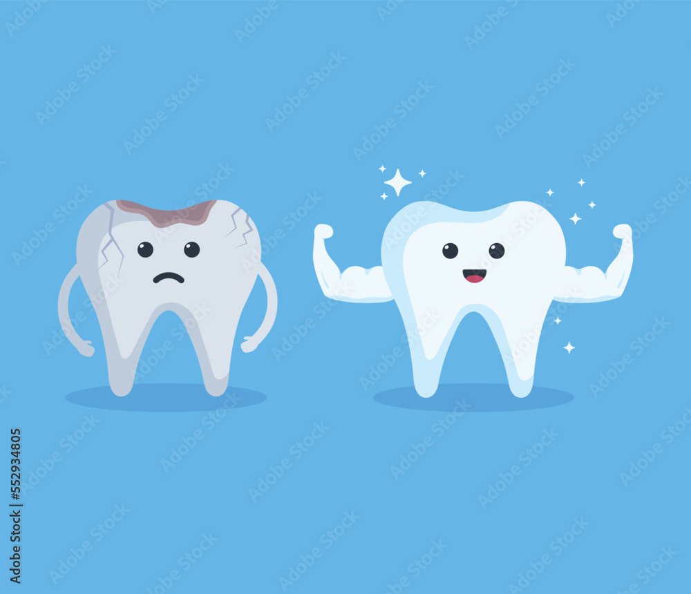 Strong healthy tooth and Sad painful damaged darkened tooth with hole ...