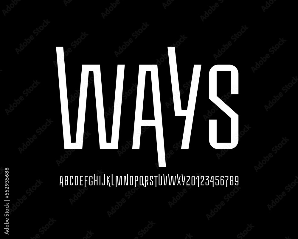 Condensed font, narrow white alphabet, modern letters and numbers Stock ...