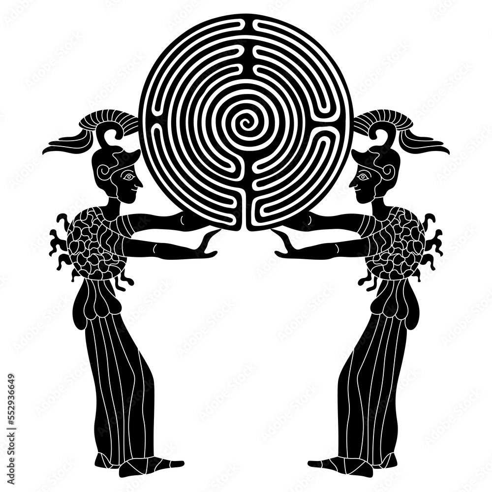 Symmetrical design with two warrior women holding a round spiral maze ...