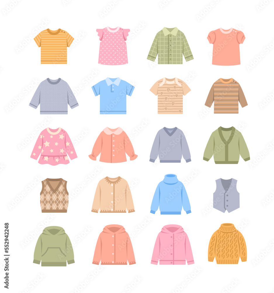 Baby clothes color flat icons. Simple cartoon pictograms of children clothing. Different shirts ...