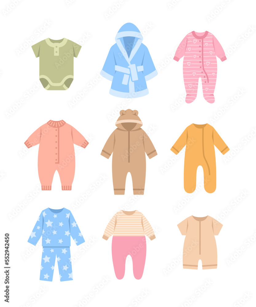 Baby sleepwear cloth color flat icons. Pajamas, rompers, bodysuits and ...