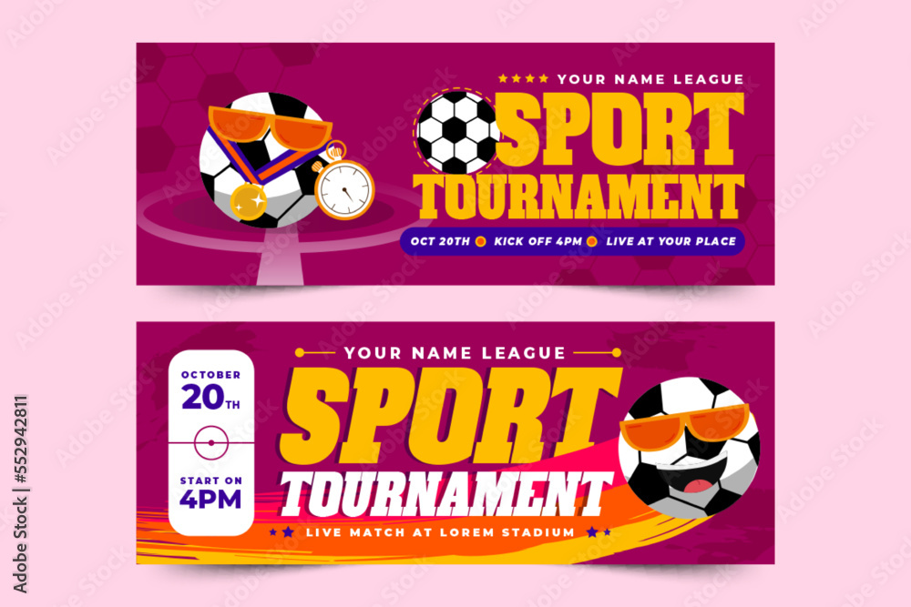 Football tournament, sport event banner design template. Field and ball ...