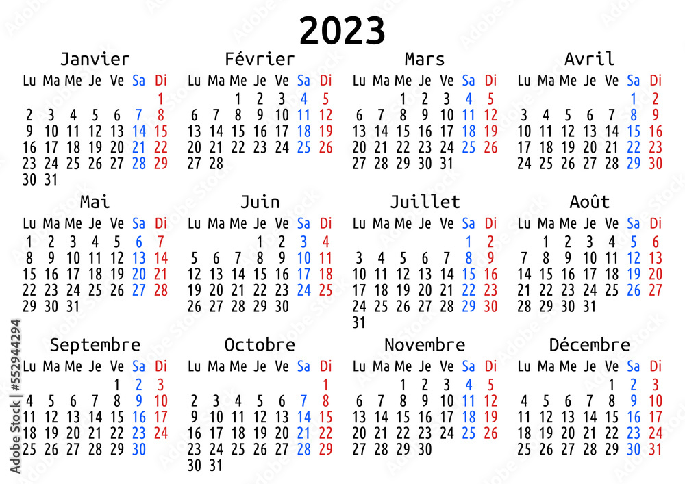 2023 calendar, French, France. Vector compact annual wall or planner ...