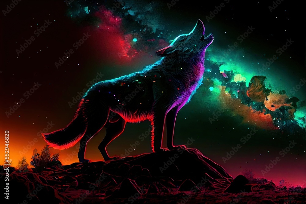 wolf galaxy/space vibrant colorful howling moon Stock Illustration ...