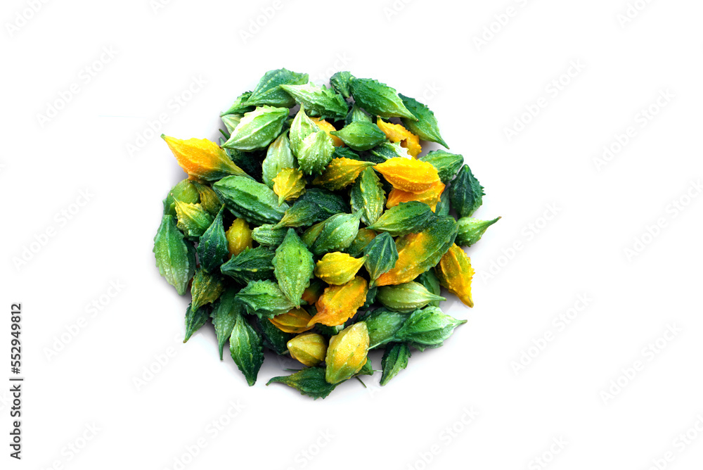 Pile of organic bitter gourd fruits on white background. Concept, Thai ...