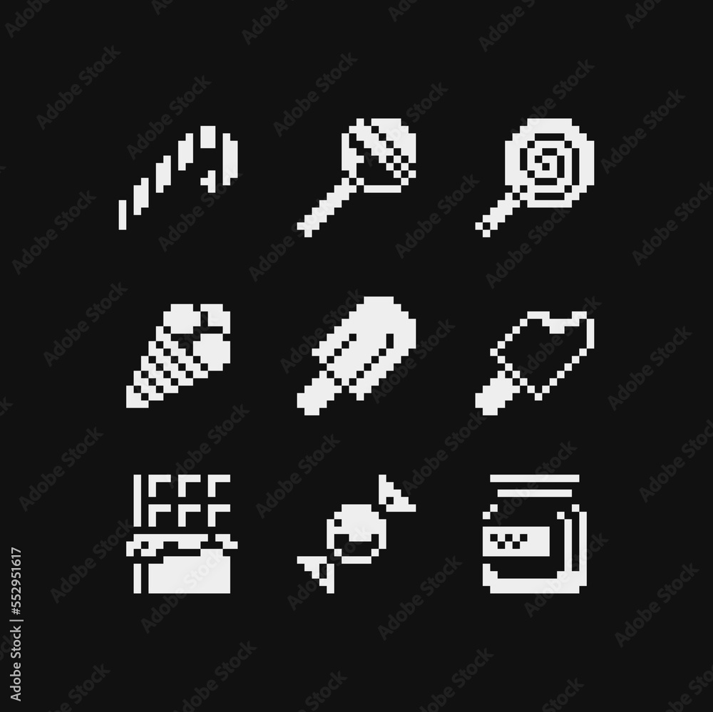 Sweets pixel art 1-bit icons set, black and white emoji, candy ...