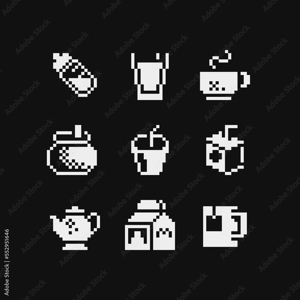 Food and drink pixel art 1-bit icons set, black and white emoji, glass ...