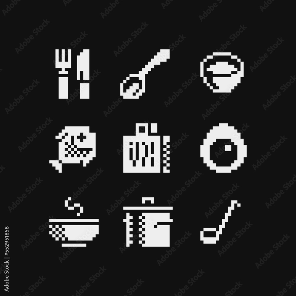 Kitchenware pixel art 1-bit icons set, black and white emoji, fork ...