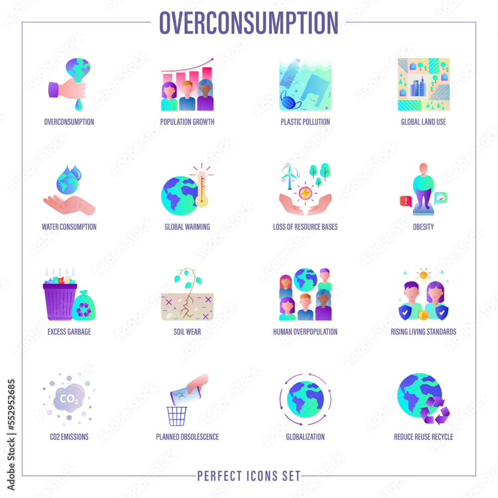 Overconsumption flat gradient icons set. Plastic pollution, population ...