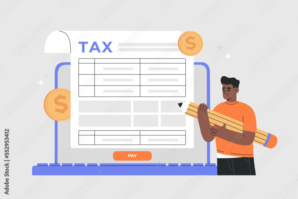 Vektorová grafika „Man filling tax form using internet. Online tax ...