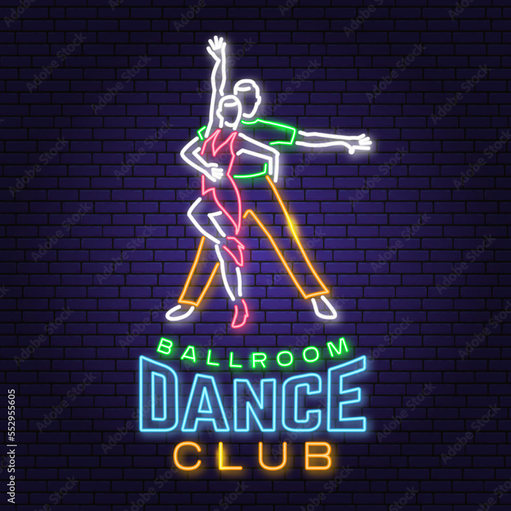 Ballroom dance sport club Bright Neon Sign. Dance sport neon emblem ...