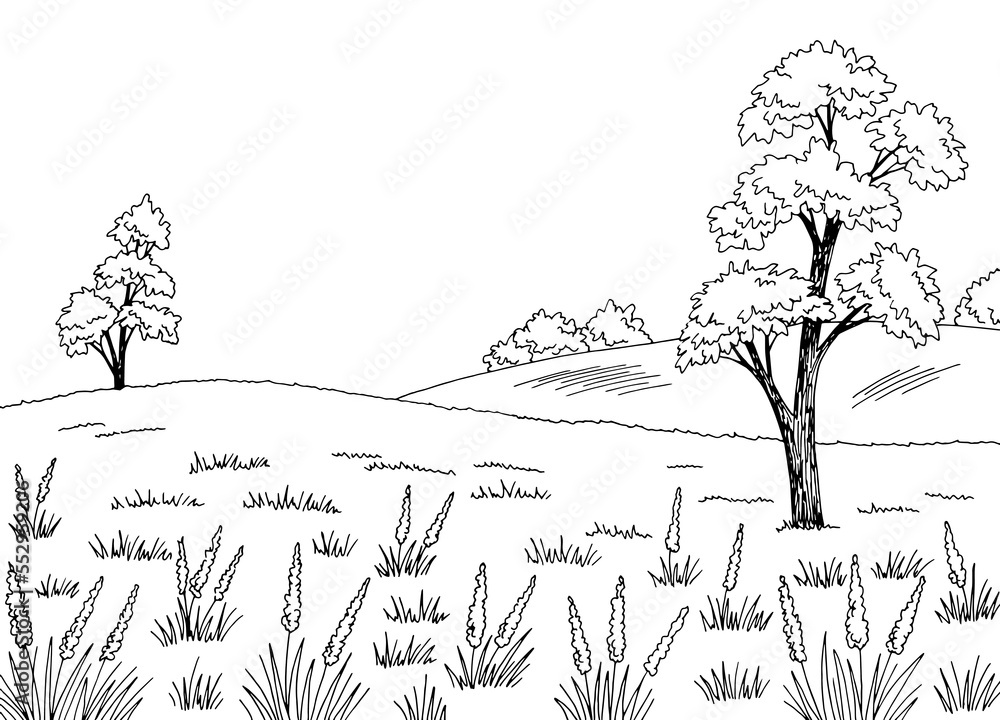 Meadow graphic black white landscape sketch illustration vector Stock ...