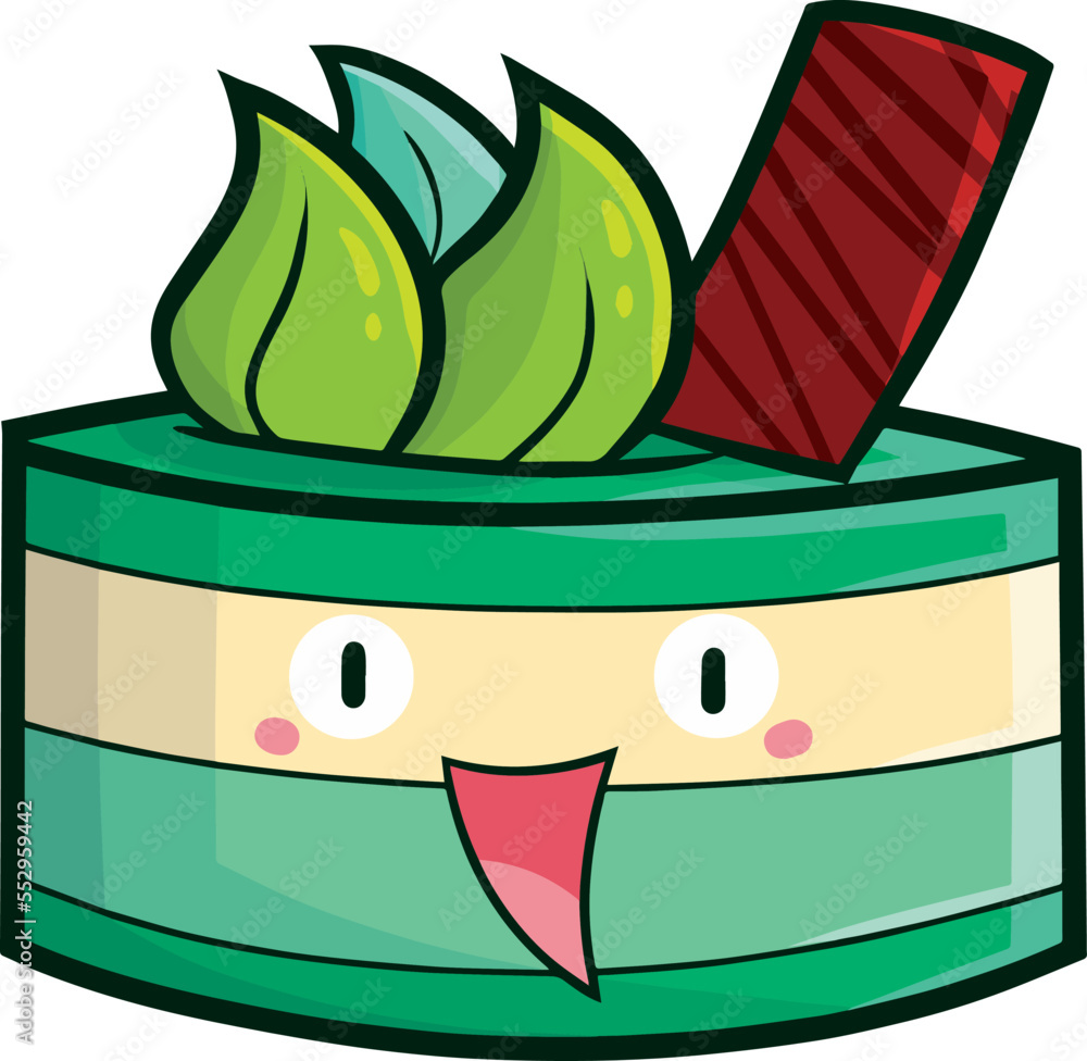 Cute kawaii green tart cartoon character. With leaves decoration on it ...