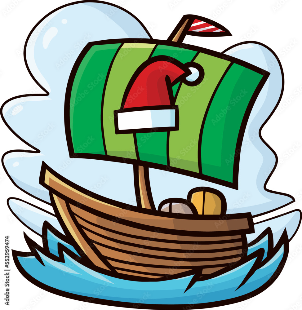 Funny christmas boat sailing cartoon illustration. Sailing boat with ...