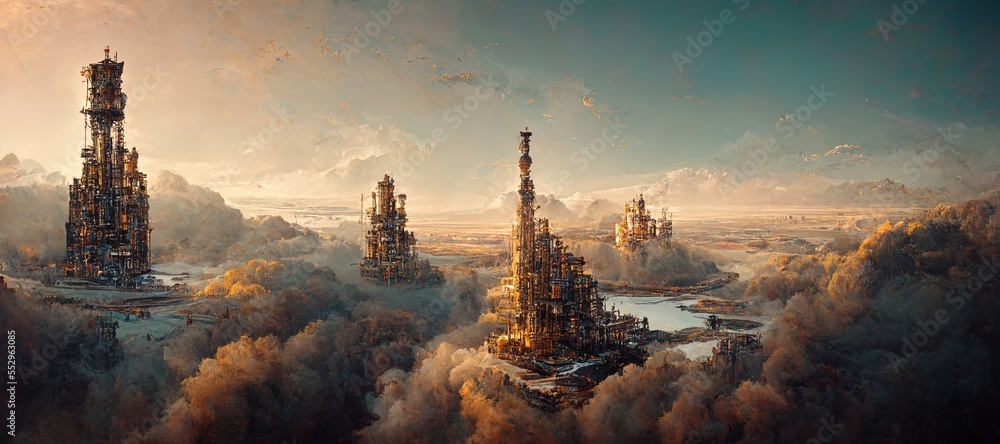 Fantasy Imaginary Landscape with Tower Strange Contraption Invetion ...