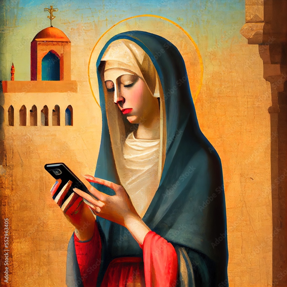 Holy Mary Mother of Jesus with Aureola with Smartphone Cellphone ...
