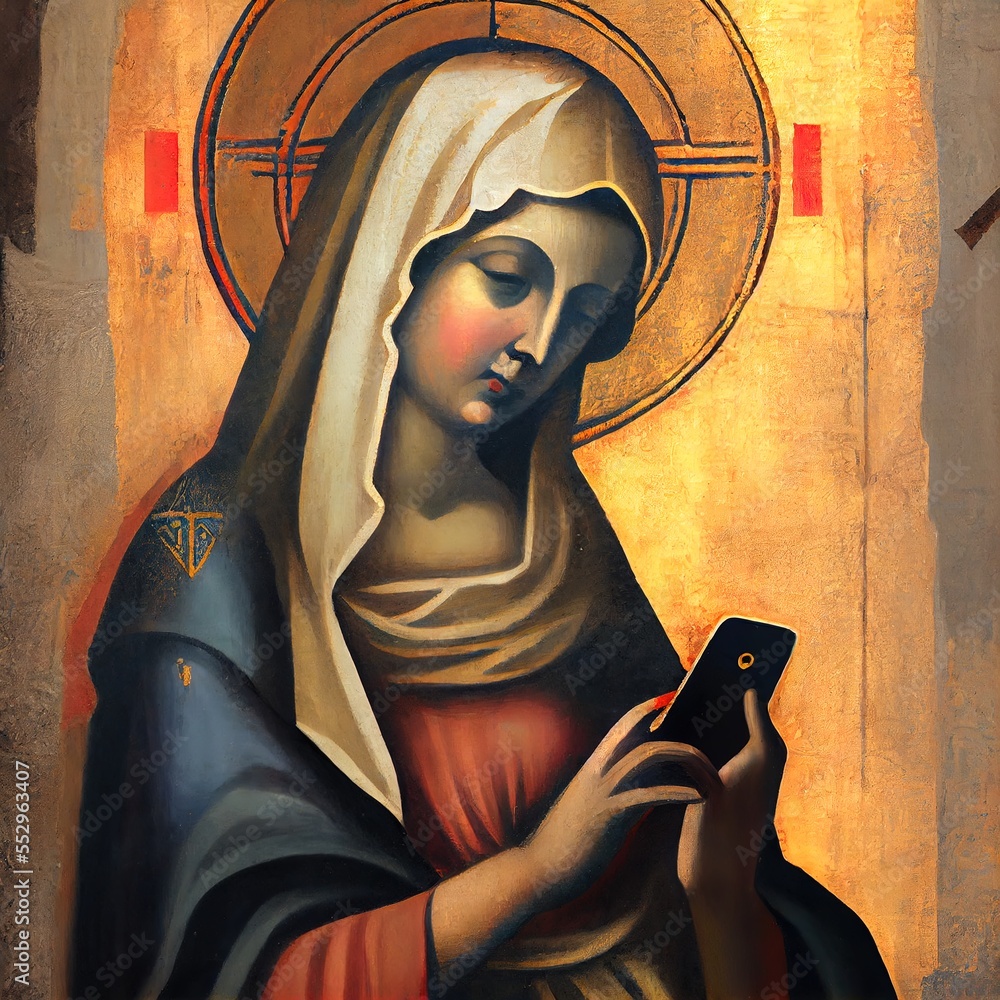 Holy Mary Mother of Jesus with Aureola with Smartphone Cellphone ...