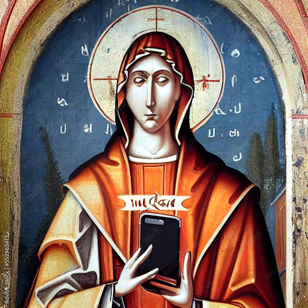 Holy Mary Mother of Jesus with Aureola with Smartphone Cellphone ...