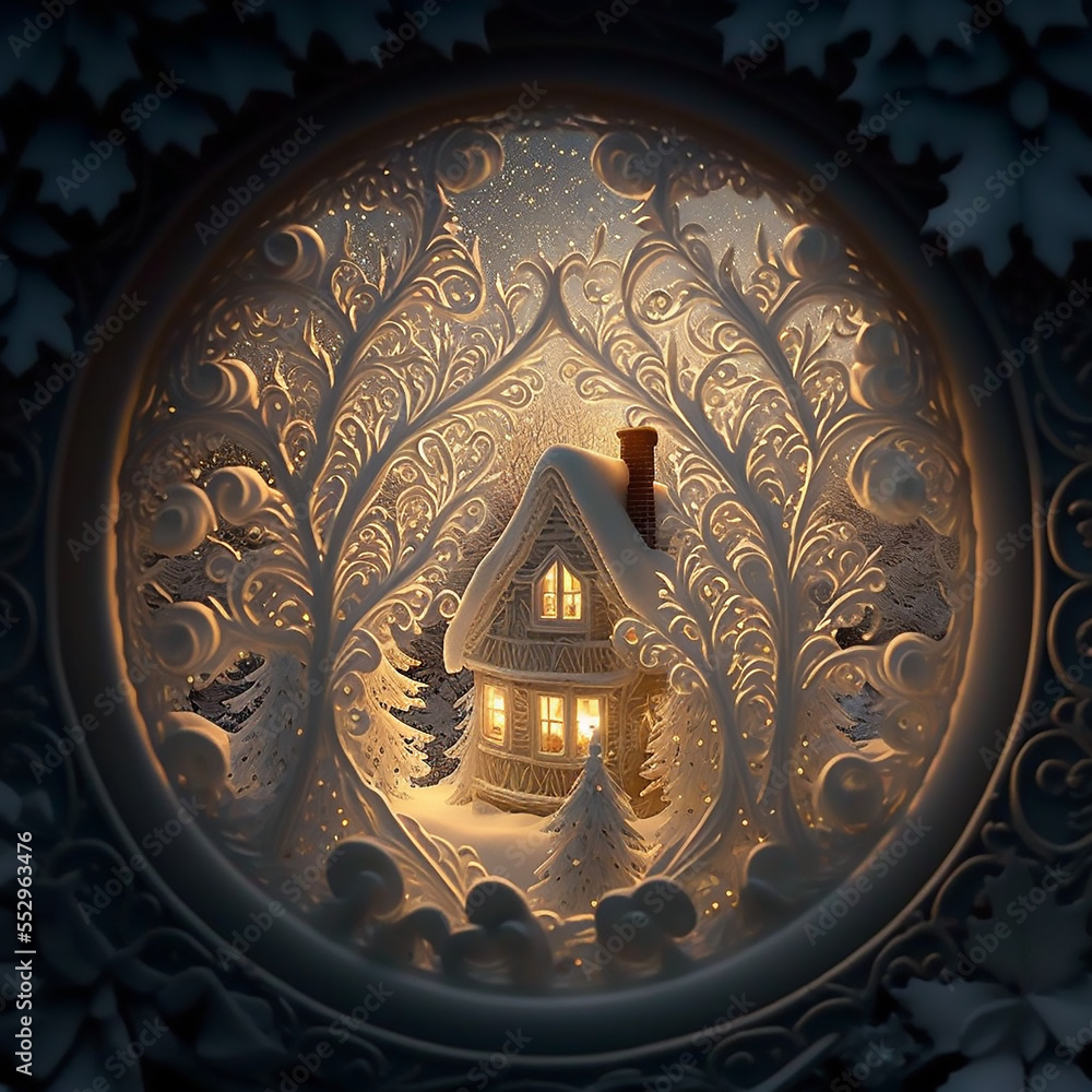 snow-covered window, the intricate design of the glass reflecting the ...