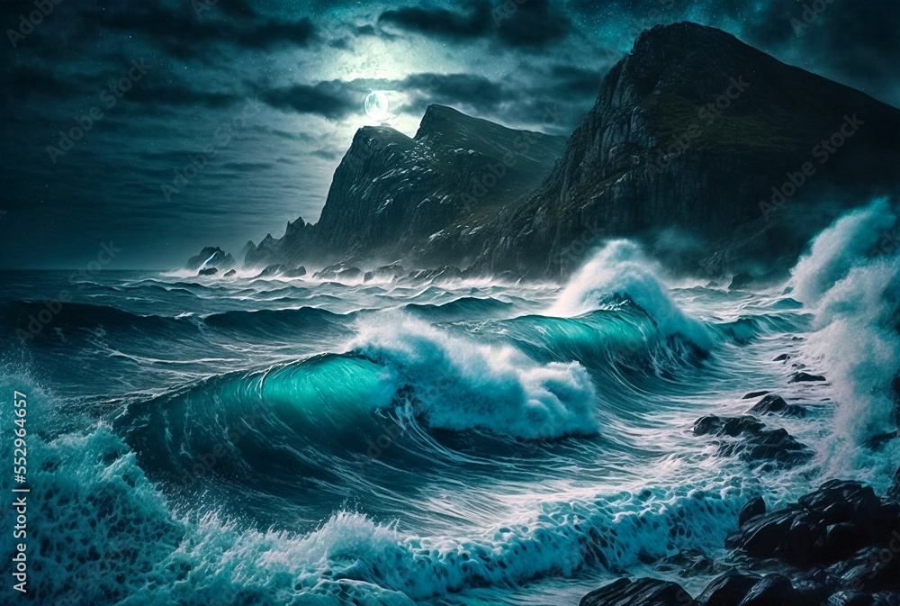 Ocean waves at the coastline, night landscape, sea view with high tide ...