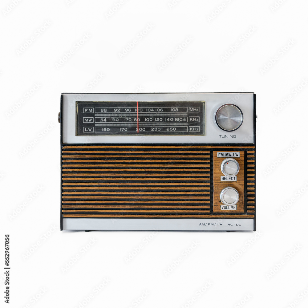 Retro radio receiver from the 70s. Front view. Isolated on white ...