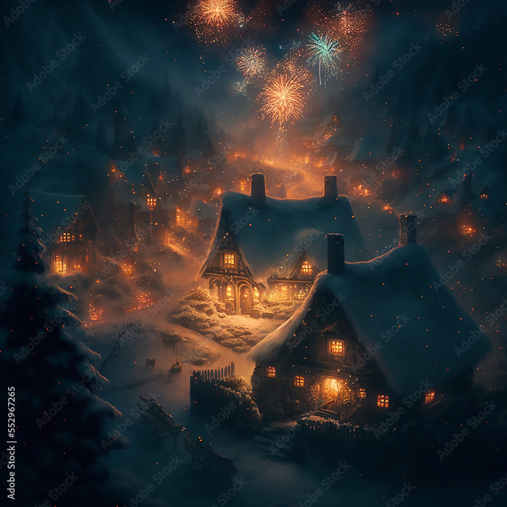 celebration for new year in a small hobbit village blanketed in snow ...