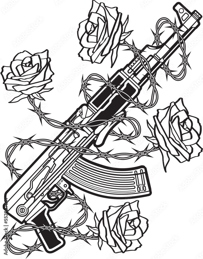 Russian Ak 47 Kalashnikov assault rifle with barb wired roses Stock ...