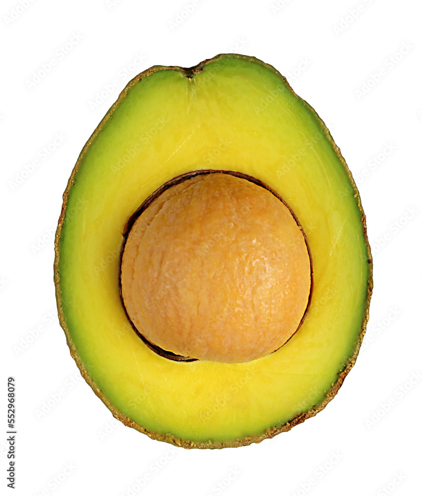 Half cut fresh ripe avocado with seed isolated on transparent backdrop ...
