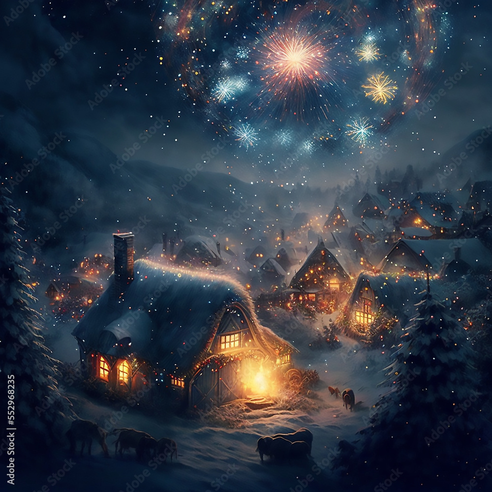 celebration for new year in a small hobbit village blanketed in snow ...