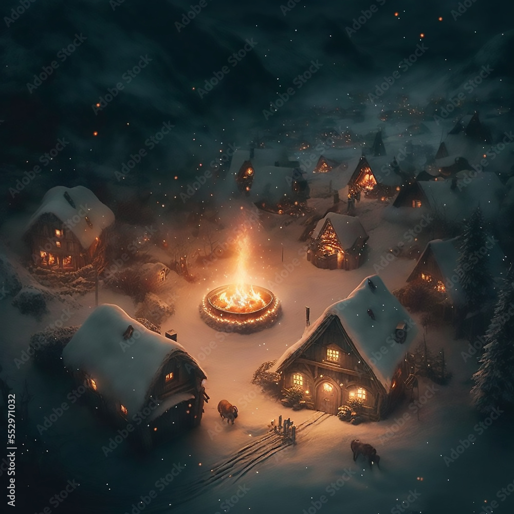 small hobbit village nestled in a snow-capped valley. The snow-covered ...