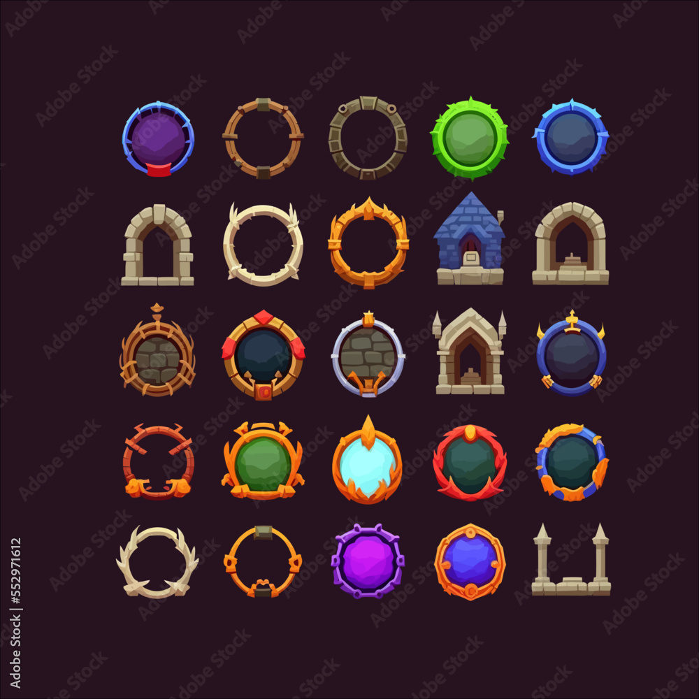 Game level frame. Cartoon round UI avatar border kit. Isolated on a ...
