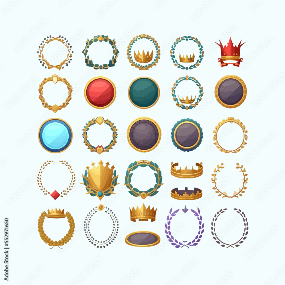 Game level frame. Cartoon round UI avatar border kit. Isolated on a ...