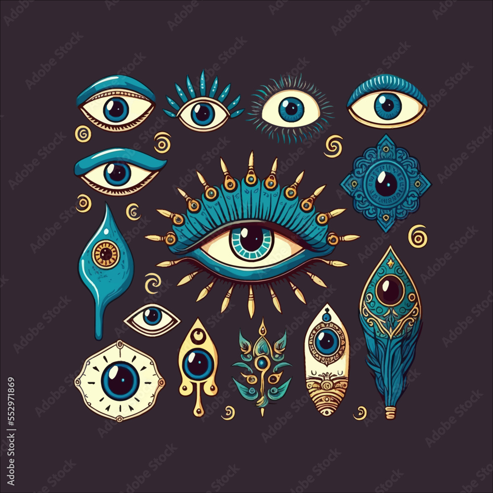 Doodle evil eye. Cartoon traditional Turkish luck. Isolated on a white ...