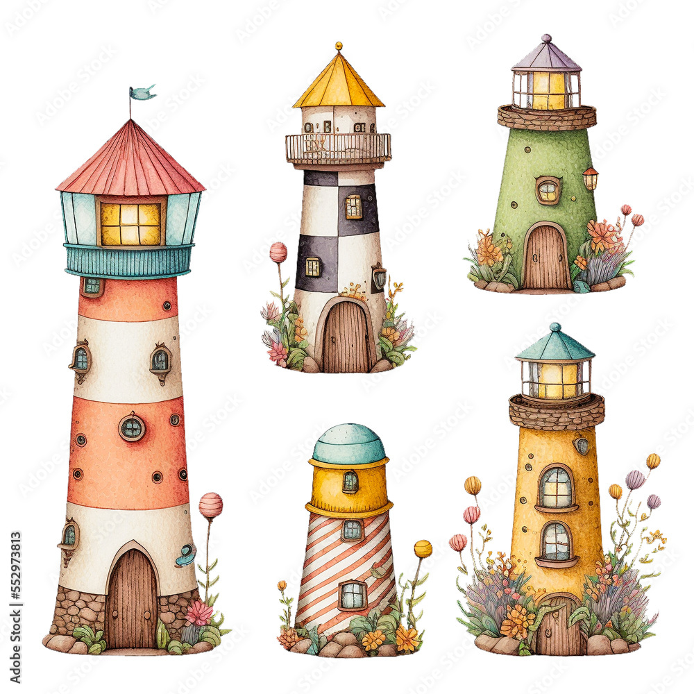 Colorful watercolor lighthouses set, cute cartoon collection, isolated ...