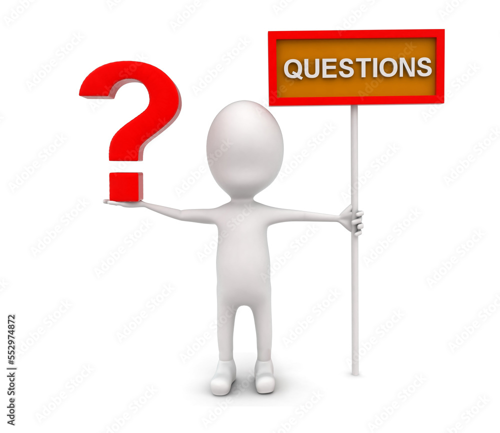 3d man with question mark in hand and sign board with questions text on ...