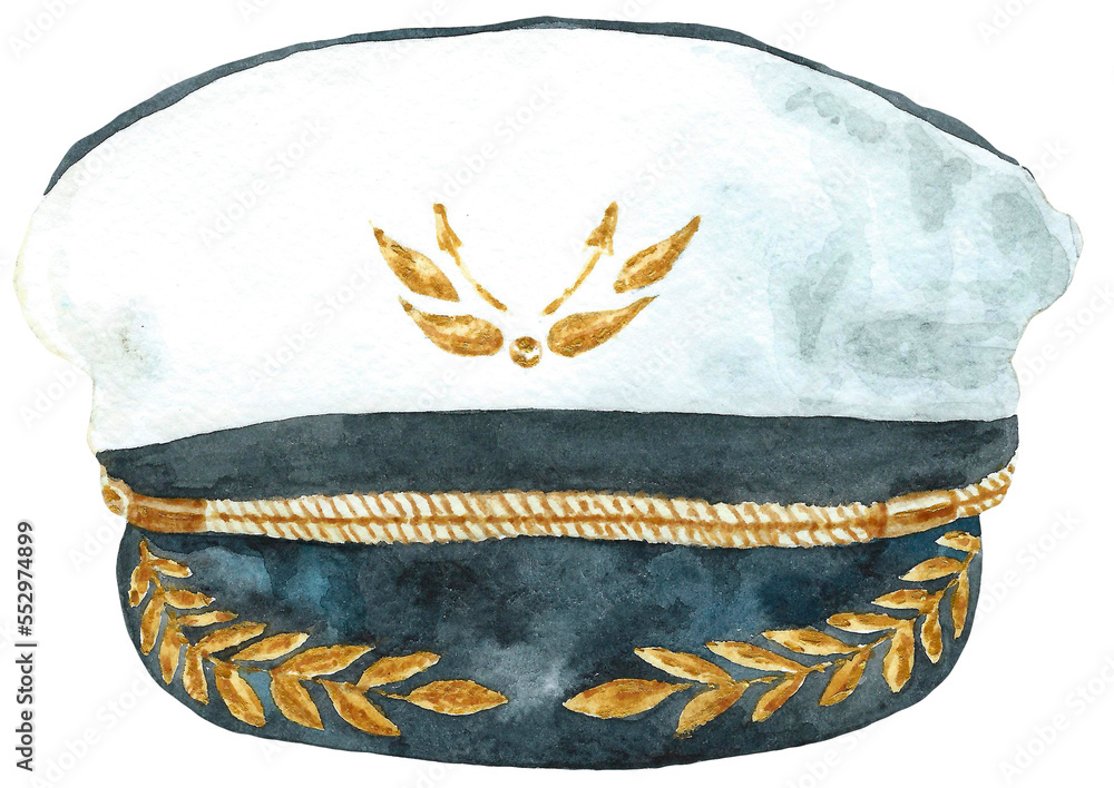 Hand-painted Watercolor navy officer hat illustration. Watercolor ...
