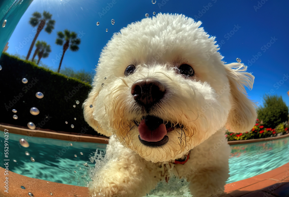 fisheye lens captured a cute Bichon Havanais puppy dog, having fun in ...