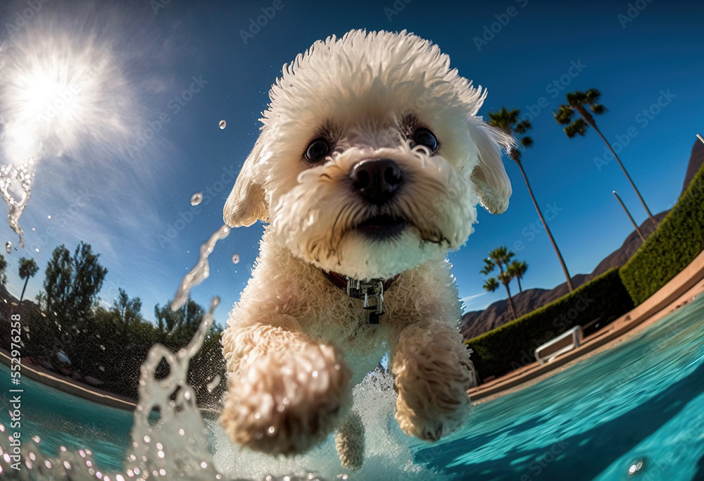 fisheye lens captured a cute Bichon Havanais puppy dog, having fun in ...
