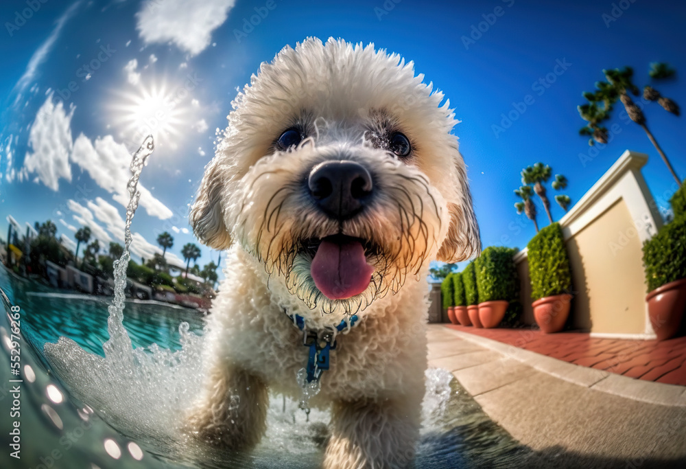 fisheye lens captured a cute Bichon Havanais puppy dog, having fun in ...