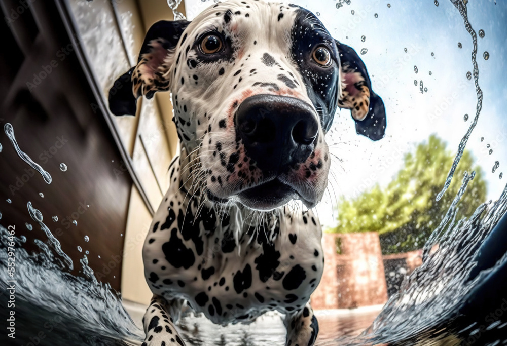 fisheye lens captured a cute Dalmata dog, having fun in the water ...