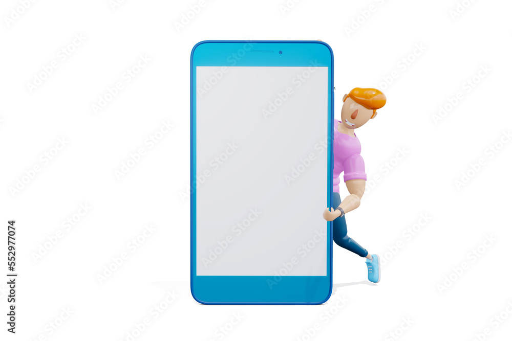 3d render. Phone screen. The man peeks out from behind the phone ...
