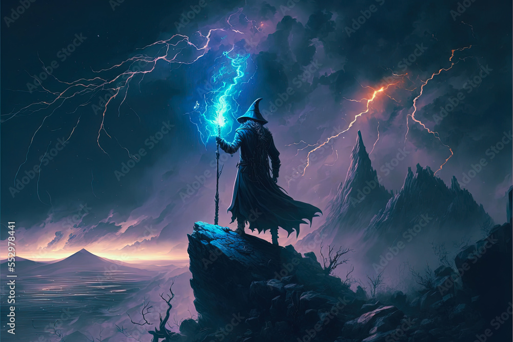 A wizard stands on a mountain, summoning a storm with their glowing ...