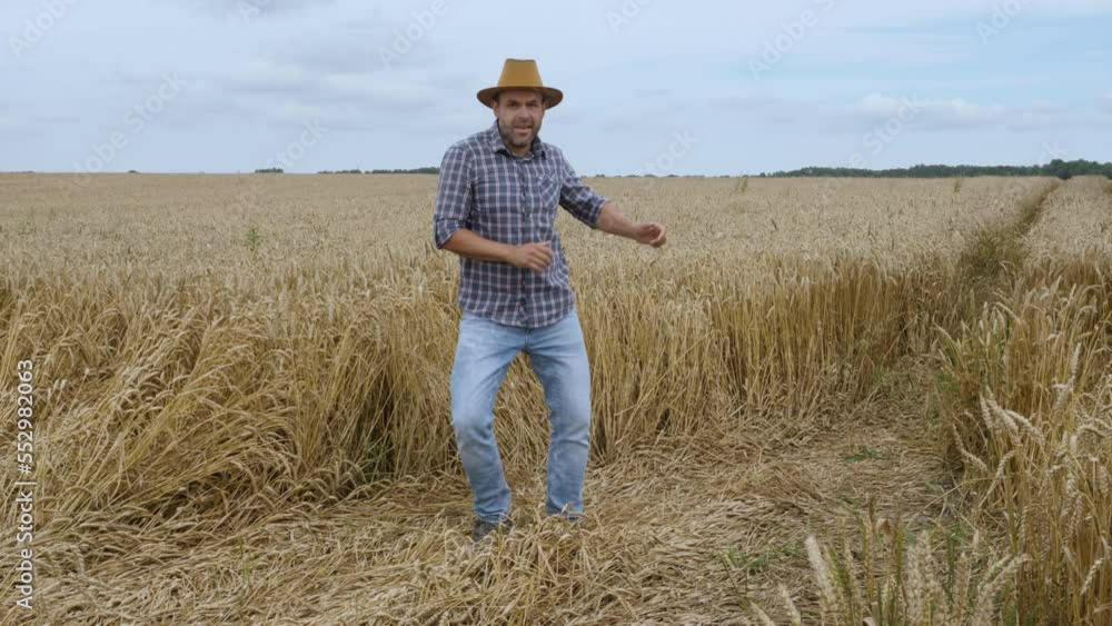 Happy Man Farmer Dancing Enjoying at Wheat Field. Fun Celebrating Funny ...