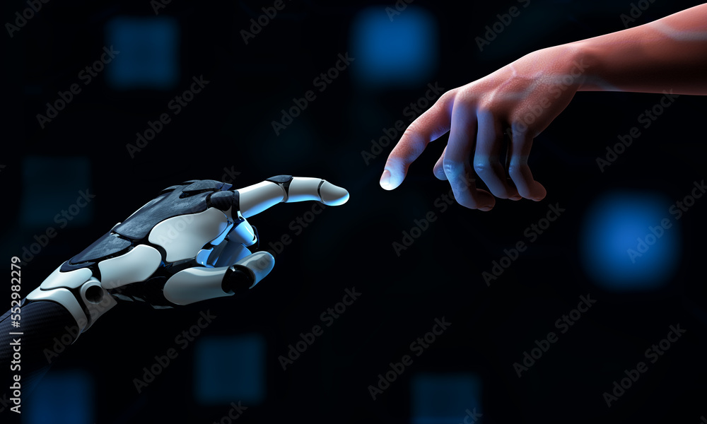 Robot hand making contact with human finger on dark blue background ...