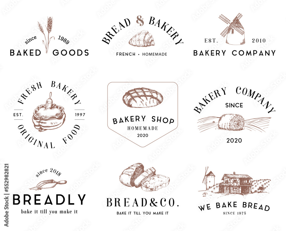 Bakery logos set with vintage vector illustrations Stock Vector | Adobe ...