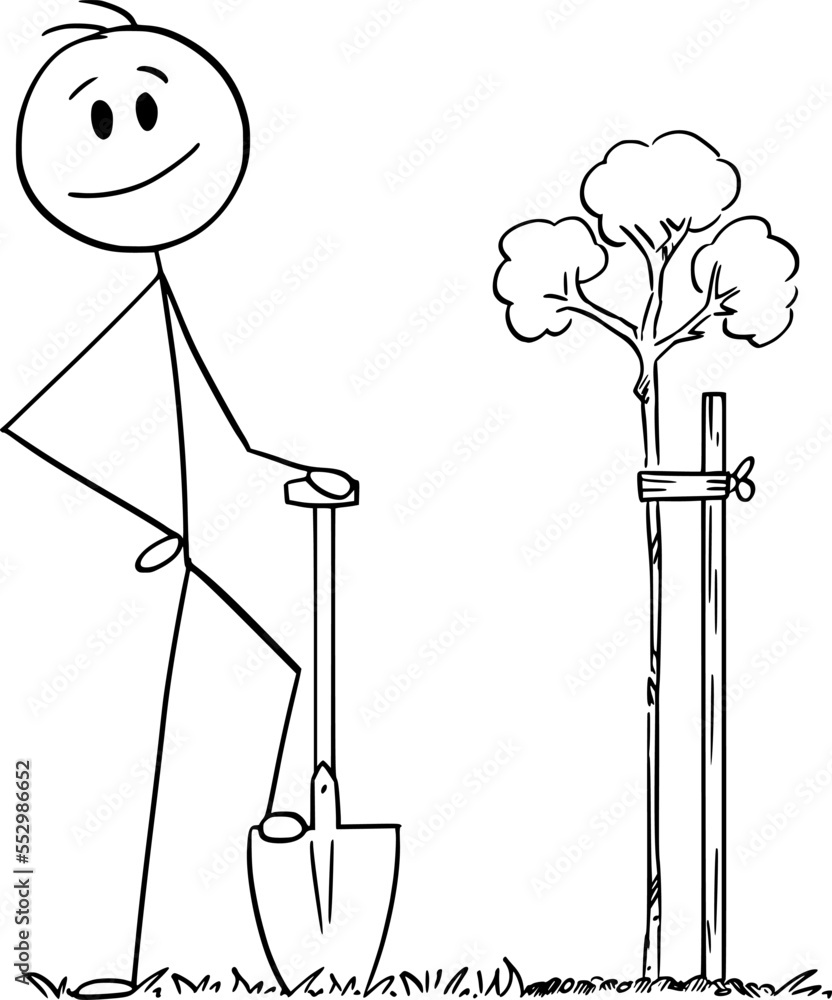 Gardener with Spade Planting Tree , Vector Cartoon Stick Figure ...