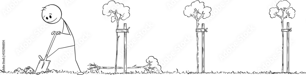 Gardener Planting Alley or Avenue of Trees, Vector Cartoon Stick Figure ...