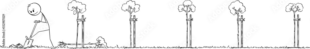 Gardener Planting Alley or Avenue of Trees, Vector Cartoon Stick Figure ...