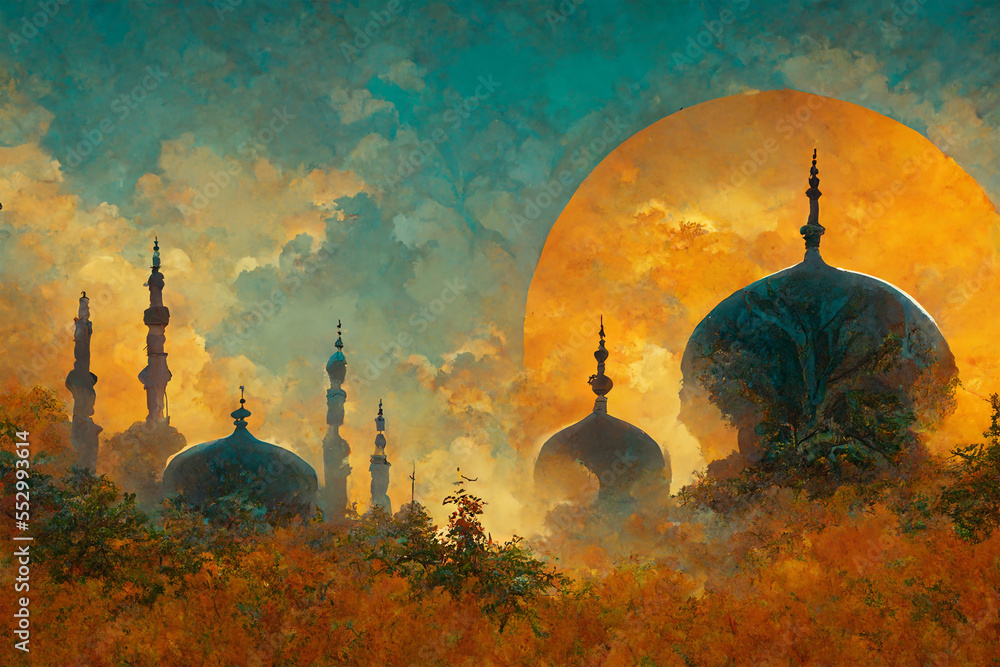 Islamic Mosques with the golden colors, realistic views of the city ...